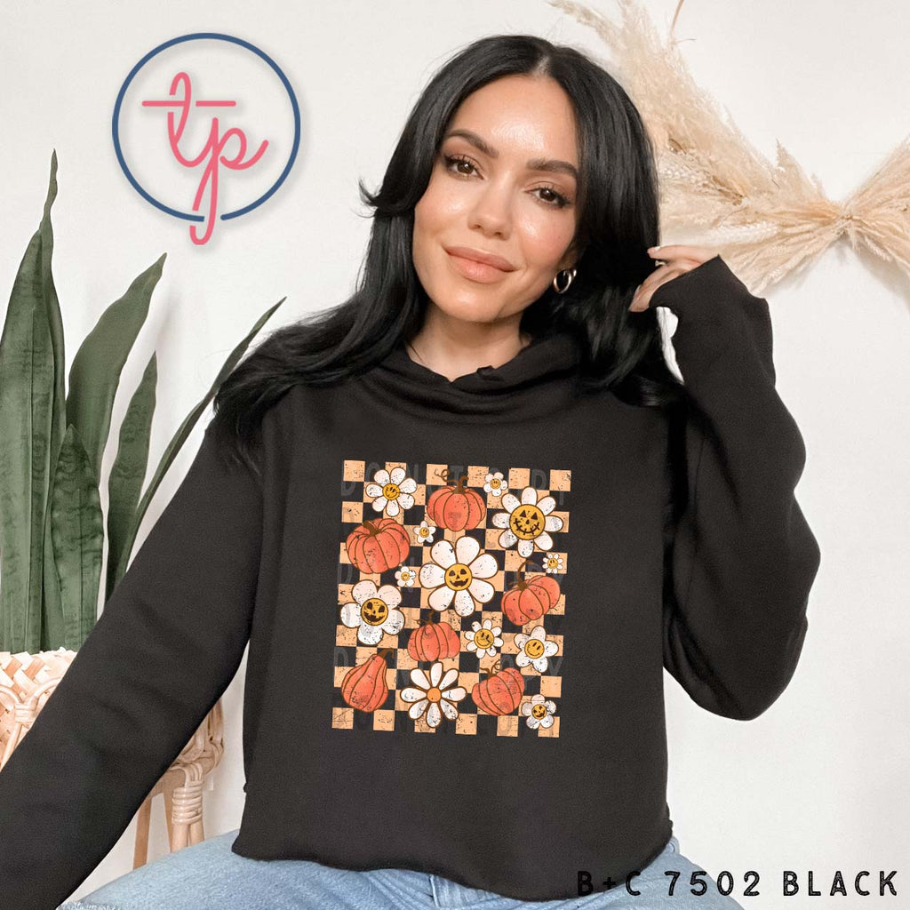 Distressed Pumpkins and Flowers Checkered Background – Transfers Plus