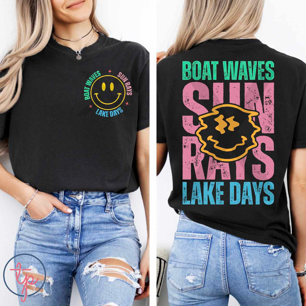 Boat Waves Sun Rays Lake Days Distorted Smiley Pocket or Back – Transfers Plus